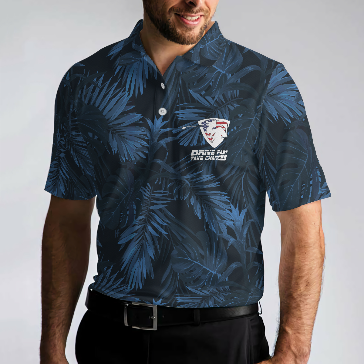 Black And Navy Blue Tropical Pattern Golf Player Polo Shirt, Golfing A ...