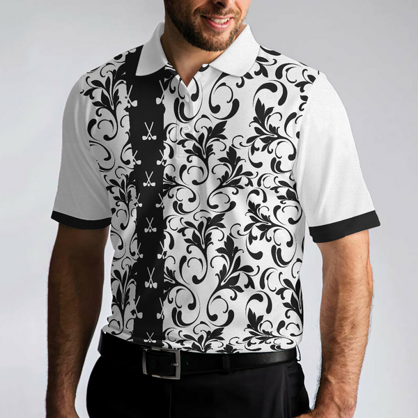 Floral Golf Pattern In White Men Polo Shirt, Black And White Polo Shir ...